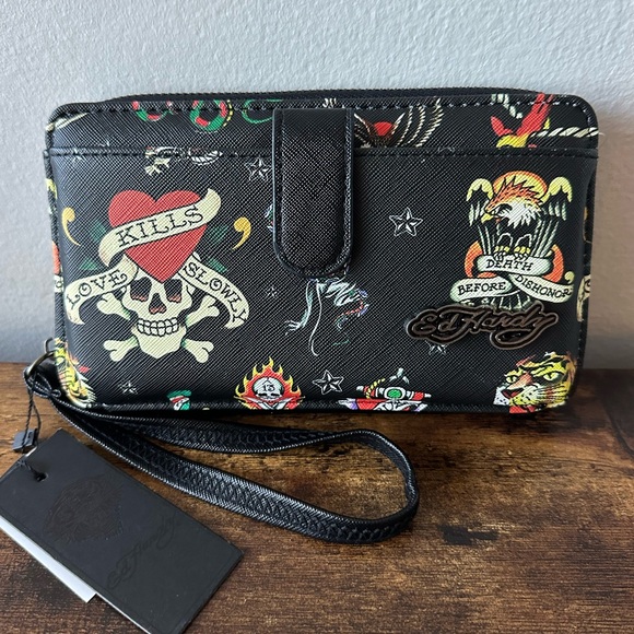 Ed Hardy | Bags | Ed Hardy Black Wallet Wristlet Colorful Tattoo ...